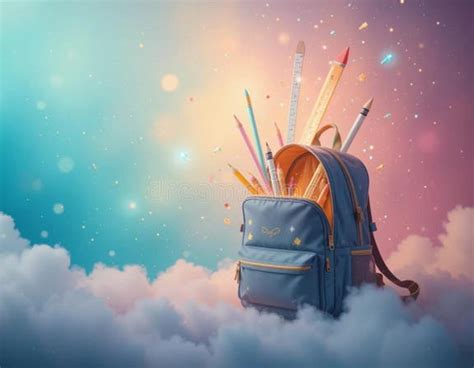Backpack Filled With School Supplies Floating On Clouds Stock