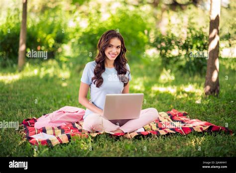 Full Length Body Size Photo Female Programmer Using Computer In City Park Browsing Internet