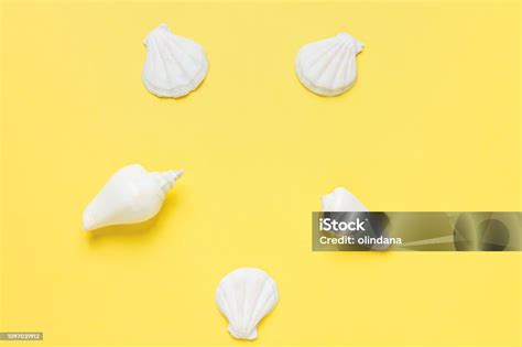 다른 모양 나선형 플랫 화이트 바다 조개 모래 노란색 바탕에 둥근 프레임에 배치 여름 비치 휴가 스파 웰빙 포스터 스 트리머