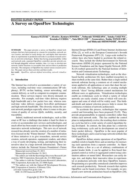 pdf a survey on openflow technologies