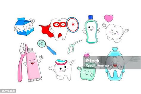 구강 세척제 칫솔 치약 치실 및 치과 치료 장비가있는 귀여운 만화 치아 캐릭터 건강관리와 의술에 대한 스톡 벡터 아트 및 기타 이미지 건강관리와 의술 건강한 생활방식