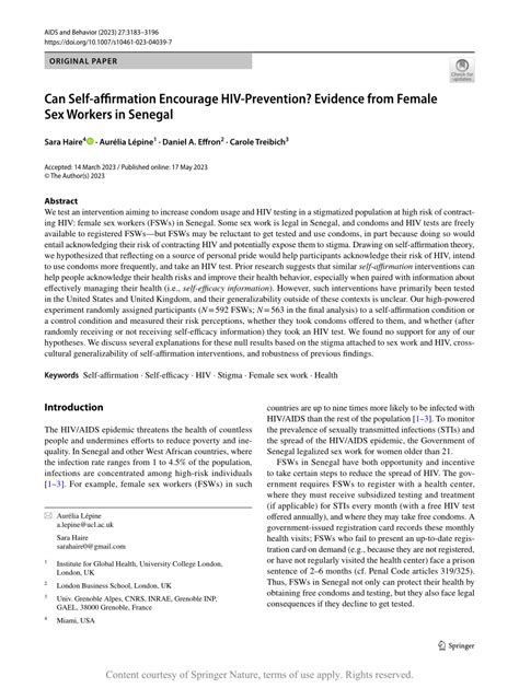 PDF Can Self Affirmation Encourage HIV Prevention Evidence From Female Sex Workers In Senegal