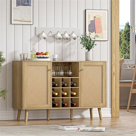 Giluta Rattan Wine Bar Cabinet With 2 Door Farmhouse Liquor Cabinet