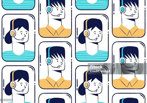 원활한 패턴 콜 센터 에이전트 벡터 아바타 헤드셋 만화 캐릭터를 가진 웃는 사무실 노동자 남자와 여자 미소에 대한 스톡 벡터 아트 및 기타 이미지 Istock