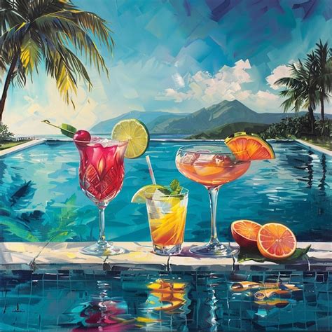 Two Cocktail Drinks By A Tropical Pool Premium Ai Generated Image