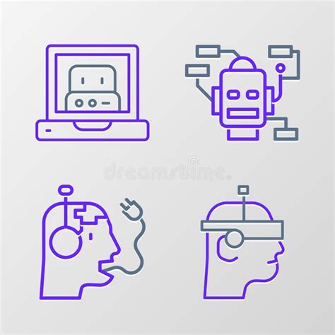 Set Line Smart Glasses Robot Charging Battery And Creating Robot Icon Vector Stock Vector