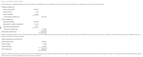 Solved Factory Overhead Cost Variance Report Tannin Products
