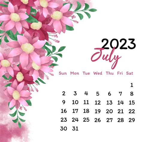 2023 年 7 月日曆和粉紅色的花朵裝飾 七月日曆 2023 年 7 月 帶有粉紅色花朵裝飾的美學日曆素材圖案PSD和PNG圖片免費下載