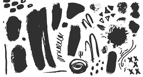 검정 페인트 잉크 브러시 획 브러시 선의 벡터 컬렉션입니다 그런 지 예술적 디자인 요소 그림입니다 흰색 배경에 고립 자유형 그리기 프리미엄 벡터