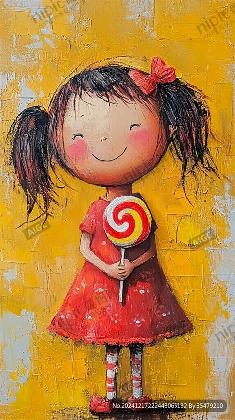 Ai创作图手绘快乐女孩无框画 棒棒糖小女孩 卡通人物现代油画 小女孩装饰画 手绘呆萌女孩无框画 手绘卡通女孩装饰画 卡通人物油画 拿冰糖葫芦的