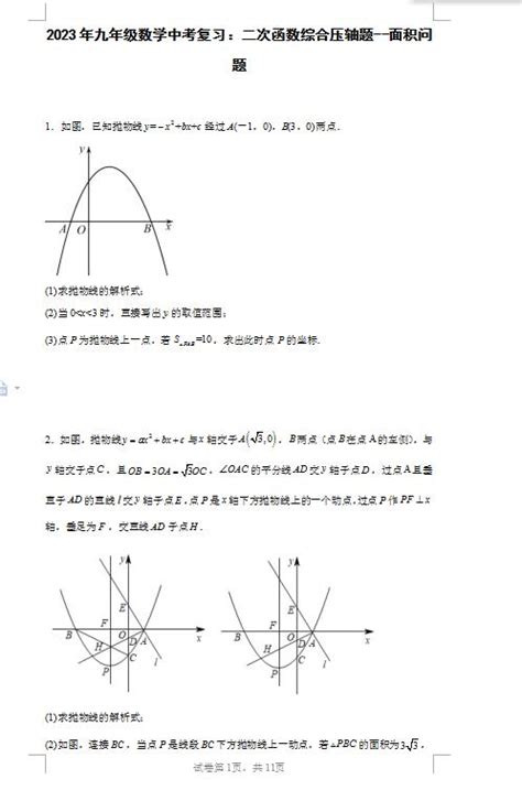 2023年九年级数学中考二次函数综合压轴题 面积问题（图片版）中考数学压轴题中考网