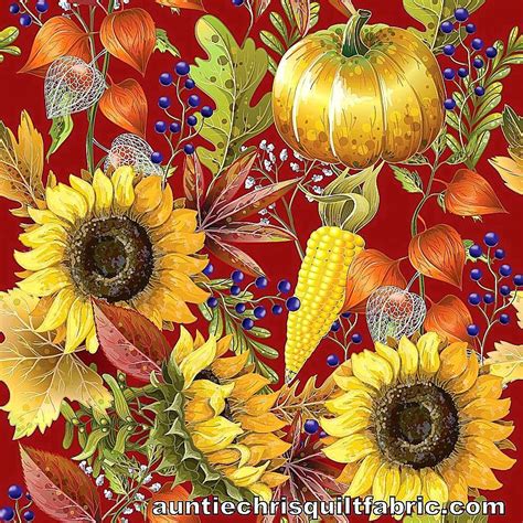 Cotton Quilt Fabric Autumn Abundance Fall Floral Red Auntie Chris