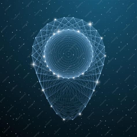 지도 핀 와이어 프레임 기호 낮은 폴리 위치 Gps 픽토그램 어두운 푸른 하늘에 다각형 위치 표시 프리미엄 벡터