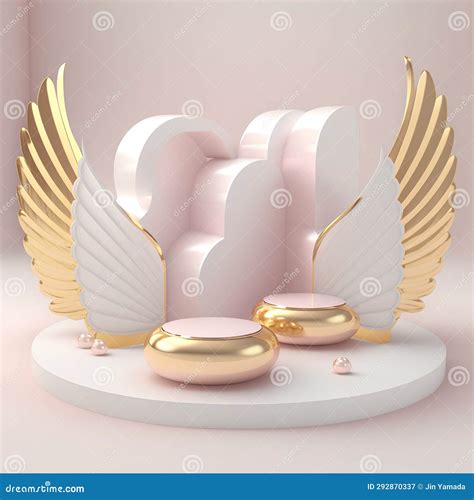 Podium With Golden Angel Wings And Pearls D Render Stock Illustration Illustration Of