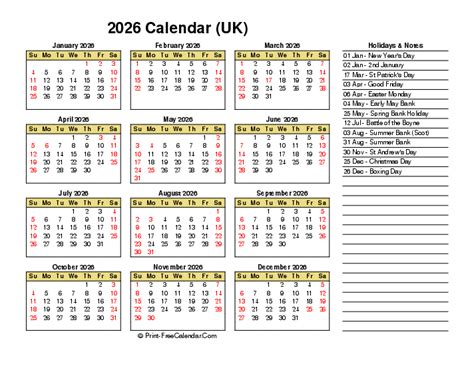 Download 2026 Calendar With Uk Bank Holidays Sunday Start Pdf Word