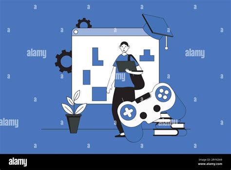 Gamification In Learning Web Concept With Character Scene In Flat