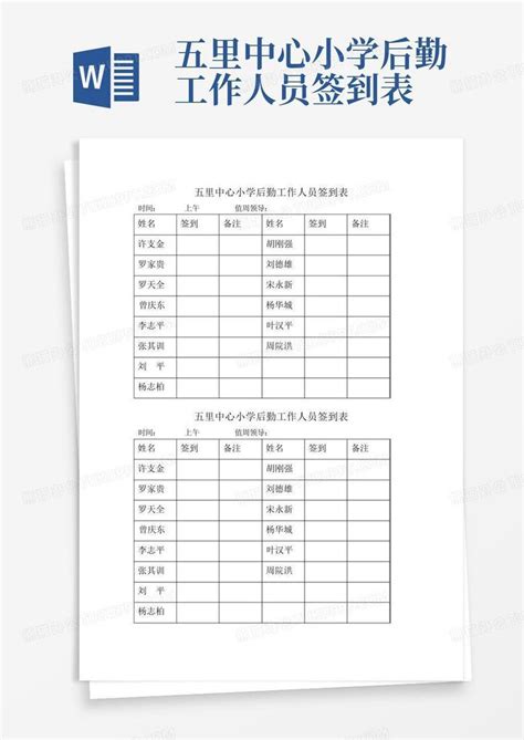 五里中心小学后勤工作人员签到表Word模板下载 编号qborjooe 熊猫办公
