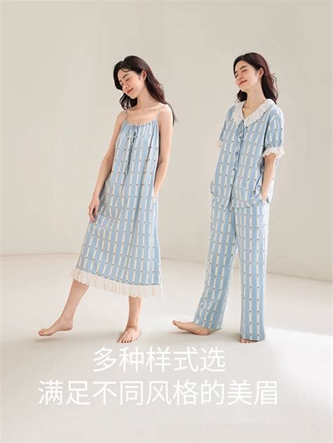 静韵【凉感型】花边睡衣女夏季纯棉带胸垫短袖甜美家居服休闲套装 天猫 花瓣网