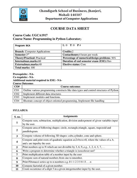 Python Lab Programs COURSE DATA SHEET Course Code UGCA Course Name
