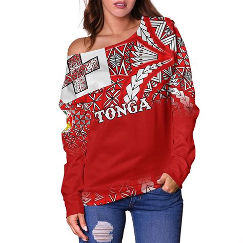 Tonga Off Shoulder Sweatshirt Tonga Flag Color With Traditional Patterns