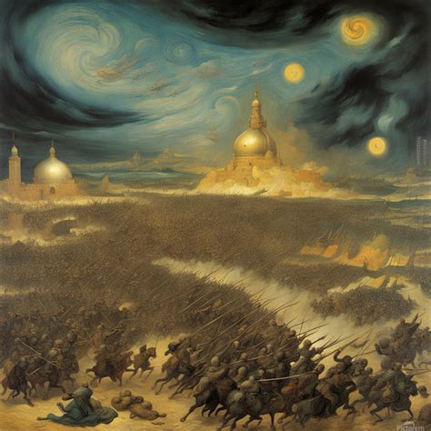 Battle Of Karbala With A Sky Designed By Van Gogh A Background Designed
