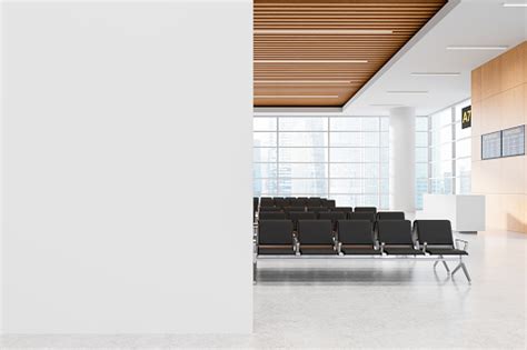 현대적인 공항 터미널 인테리어의 빈 벽 모형은 깔끔한 좌석 레이아웃과 창의적인 포스터 또는 디스플레이 컨셉 템플릿을 위한 밝은 공간을 갖추고 있습니다 3d 렌더링 0명에