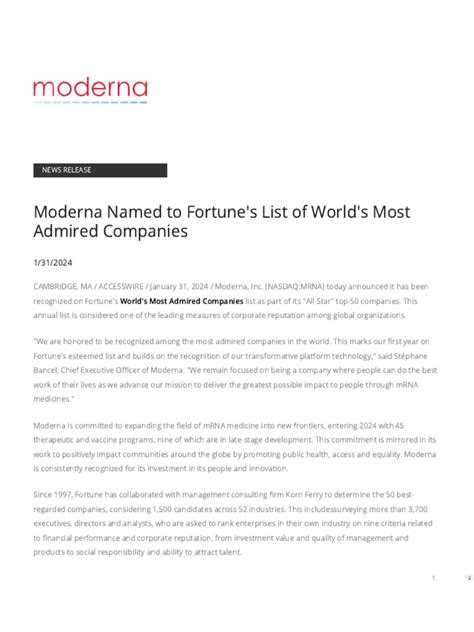 Moderna Named To Fortunes List Of Worlds Most Admired Companies 2024 Pdf