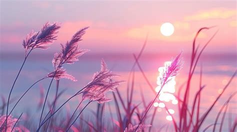 A Field Of Grass With A Pink And Purple Sunset In The Background