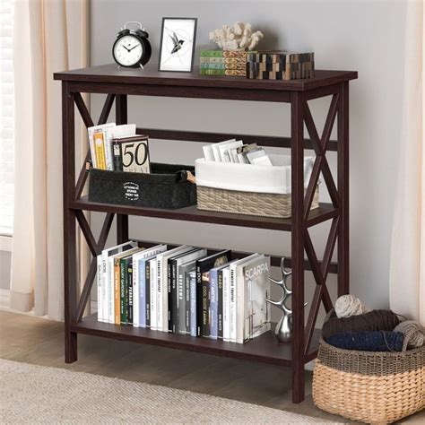 Costway Wooden Shelf Bookcase Tier Open Bookshelf W X Design Freestanding Rack Brown Open