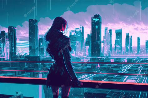 Chica Cyberpunk Personaje Femenino De Cyberpunk Mirando La Ciudad De