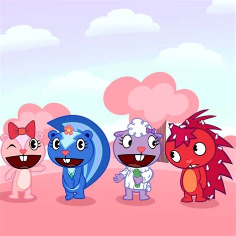 Five Cartoon Characters Standing In Front Of Pink Clouds