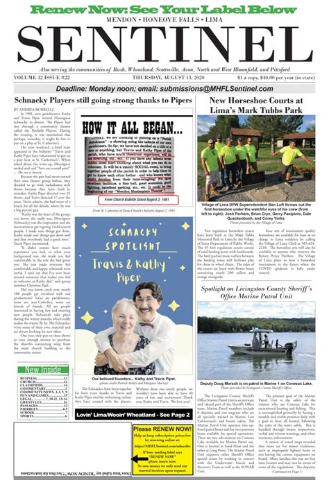 August 13 2020 Issue Of The Sentinel Mendon Honeoye Falls Lima Sentinel