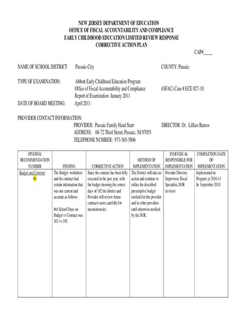 Fillable Online Optional Corrective Action Plan Cap Template And Fax Email Print Pdffiller