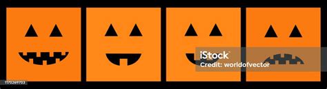 해피 할로윈 호박 세트 라인입니다 재미 소름 웃는 얼굴입니다 귀여운 만화 아기 캐릭터입니다 인사말 카드 검은 색 배경입니다 격리 플랫 디자인 0명에 대한 스톡 벡터 아트 및