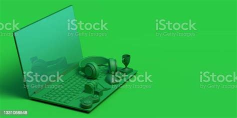 노트북 게이머 개념 기치 게임 콘솔 컨트롤러 주사위 헤드폰 가슴 마우스 상금 3d 일러스트레이션 노트북에 대한 스톡 사진 및