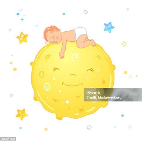 달에 자고있는 아기의 벡터 그림 기저귀에 현실적인 만화 아기 기저귀 패키지 또는 광고용 그림입니다 가공의 인물에 대한 스톡 벡터