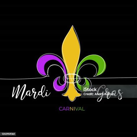 마디 그라 카니발 인사말 카드 마디 그라의 전통적인 상징 플뢰르 드 리스 검은 배경에 컬러 꽃잎이있는 연속 선 전령 백합 지방 화요일 뉴 올리언스 마르디그라스 카니발 백합