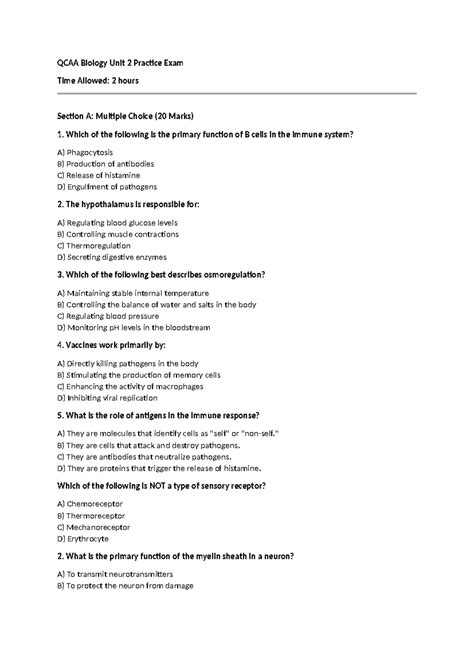 Qcaa Biology Unit 2 Practice Exam Which Of The Following Is The