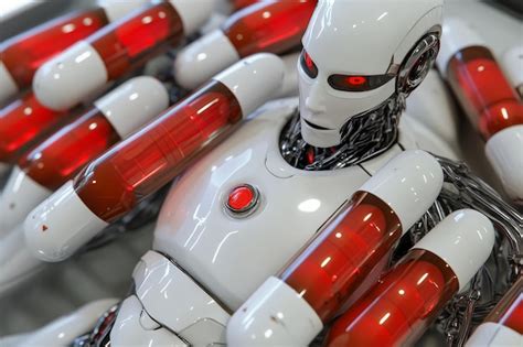Futuristic Humanoid Robot With Embedded Pill Structures Symbolizing The