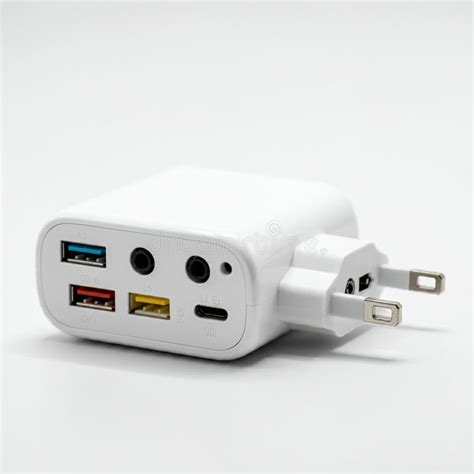 A White Multi Port Travel Adapter With Multiple Plug Types It Features Four Usb Ports In Stock