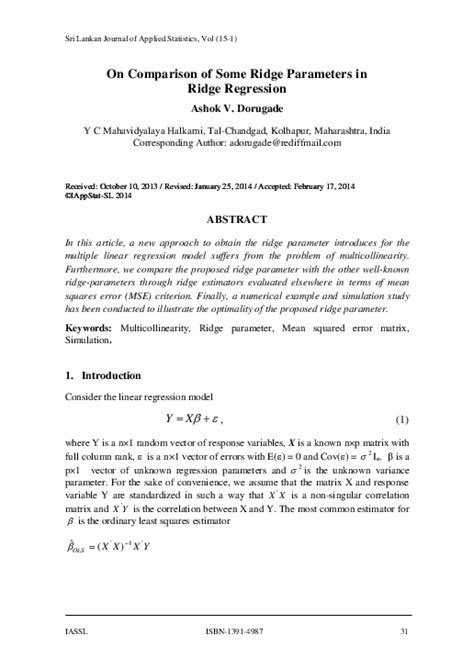 Pdf On Comparison Of Some Ridge Parameters In Ridge Regression