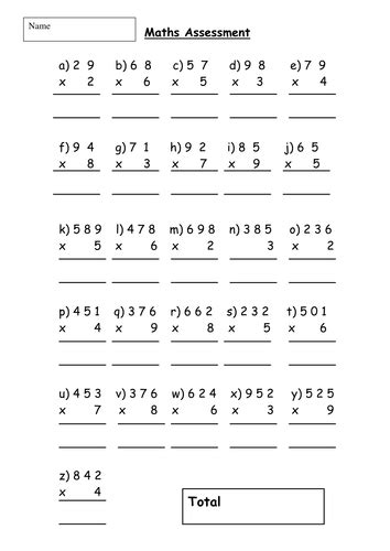 Column Multiplication Assessment Teaching Resources