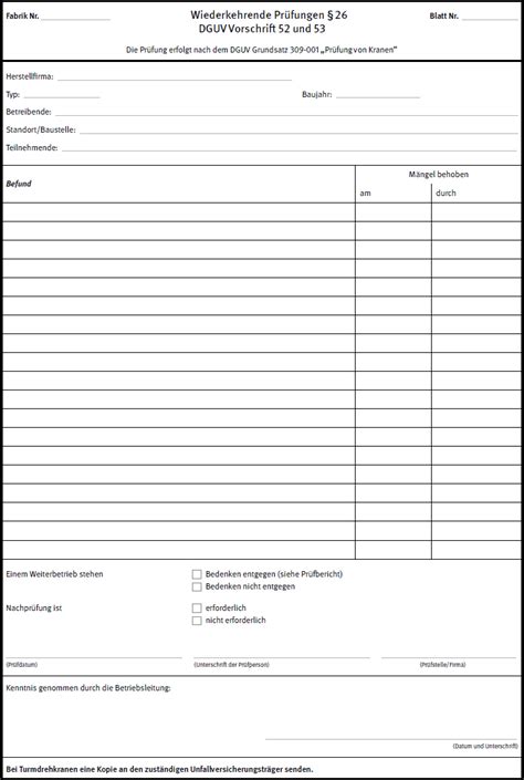 DGUV Grundsatz 309 006 Prüfbuch für den Kran Wiederkehrende Prüfungen