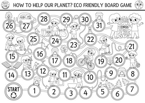 환경을 돌보는 어린이를 위한 생태 흑백 주사위 보드 게임 지구의 날 라인 보드게임 폐기물 재활용 인쇄 가능한 활동 또는 워크시트 환경 인식 색칠 페이지xa 프리미엄 벡터