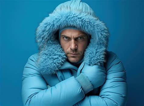 Cold And Angry Winter Man Hugging Against A Blue Background 31531016