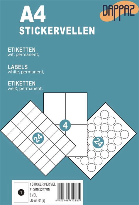 5 Stuks Stickervellen A4 Printetiketten Wit 1 Sticker Per Vel 210 X