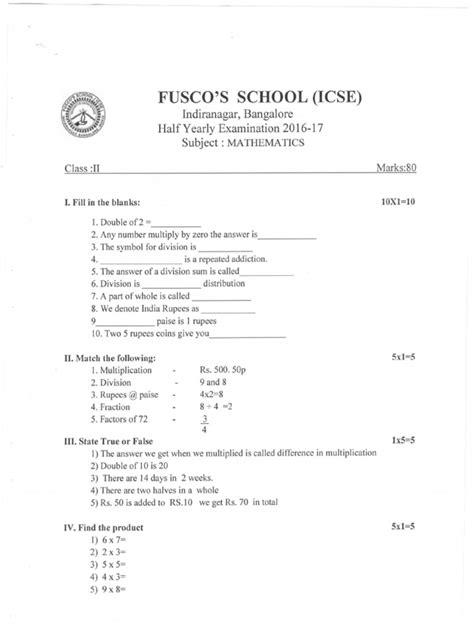 Icse Class 2 Maths Half Yearly Model Exam Pdf