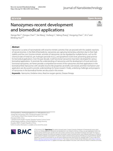 Nanozymes‑recent Development And Biomedical Applications Pdf
