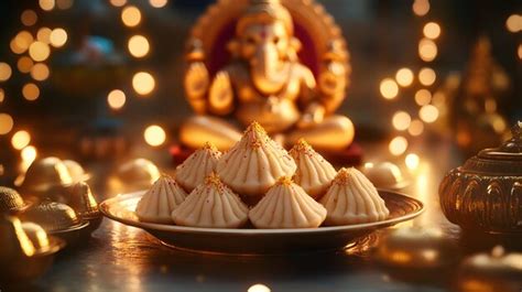 Modak Sweets And Ganesh Idol With Festive Lights Premium Ai Generated Image