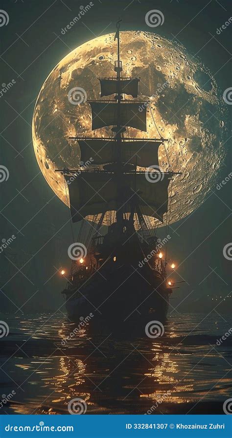 3d Rendering Of A Pirate Ship At Sea Under A Full Moon Stock